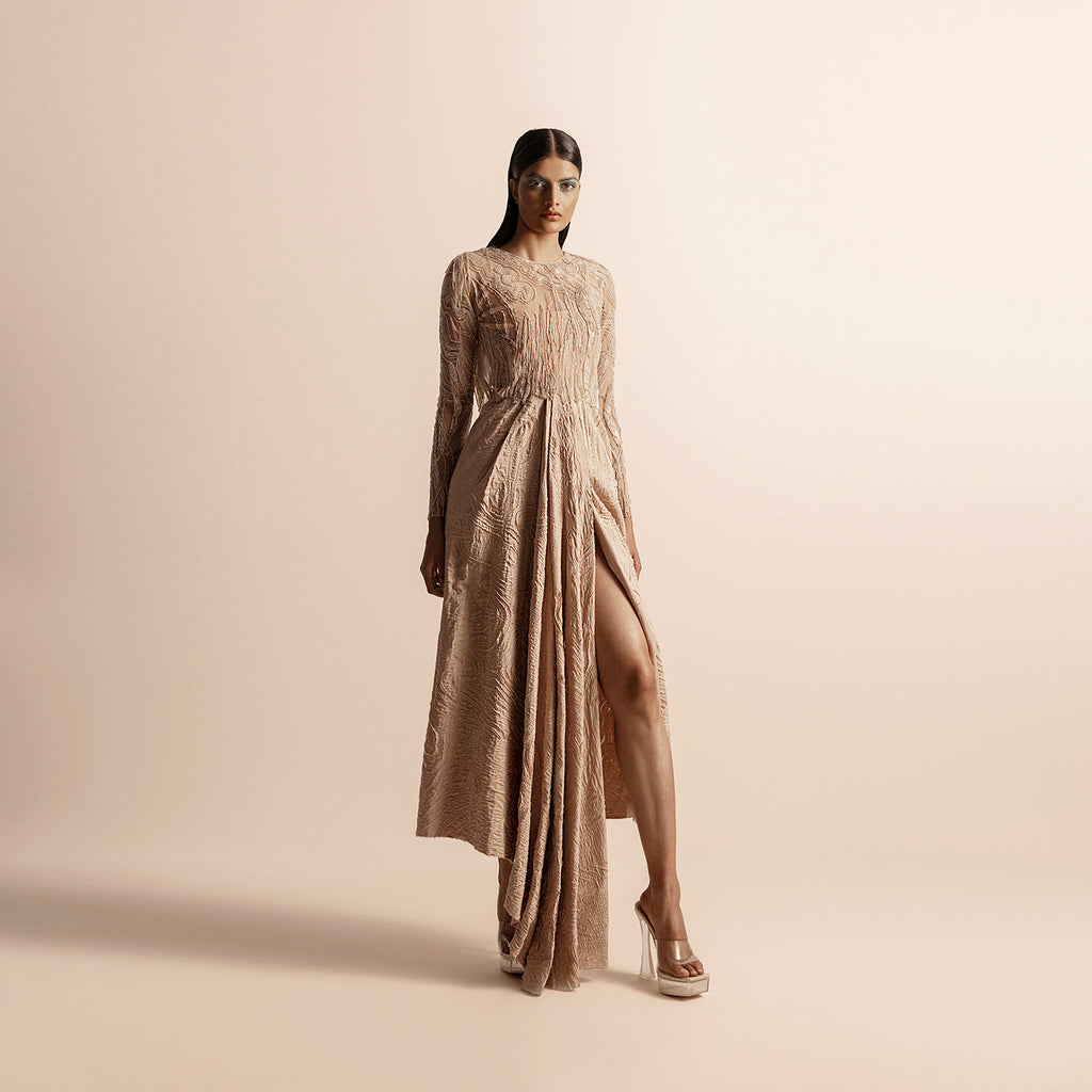3D EMBELLISHED CROPPED TOP WITH QUILTED TEXTURED DRAPE DRESS – Abhishek ...