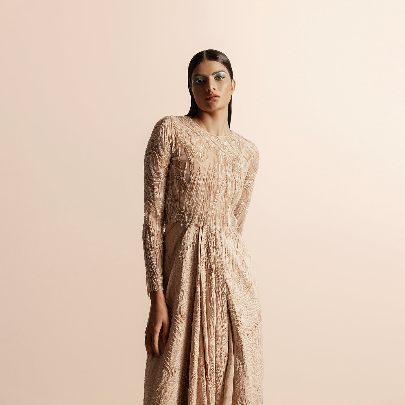 3D EMBELLISHED CROPPED TOP WITH QUILTED TEXTURED DRAPE DRESS – Abhishek ...