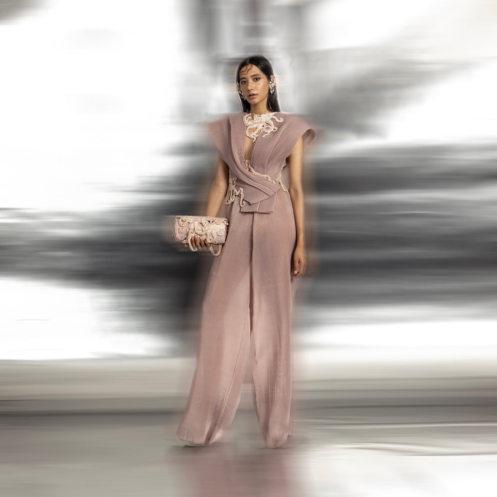 Pleated Organza Exaggerated Shoulder Draped Top with pleated organza t ...