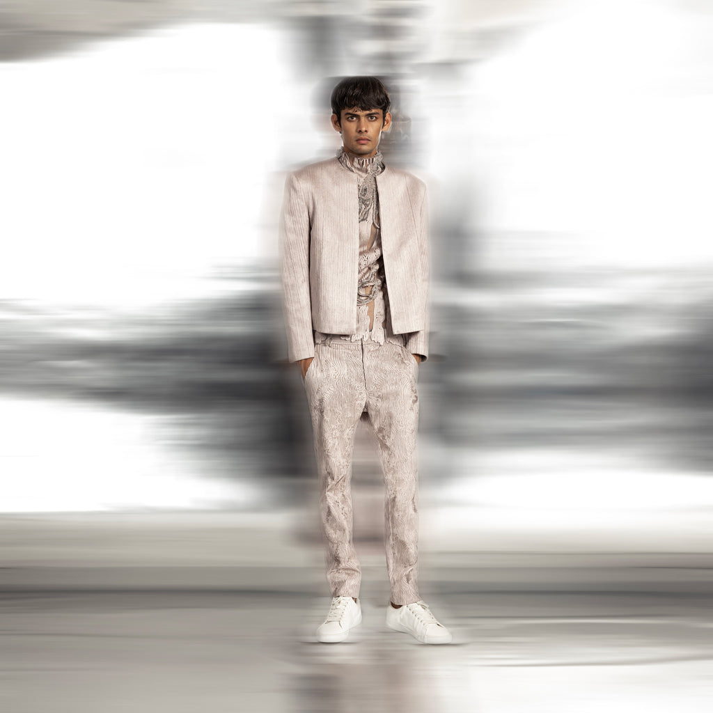 Shallow Waterfront Open Short Jacket is Paired with abstract linear pa ...