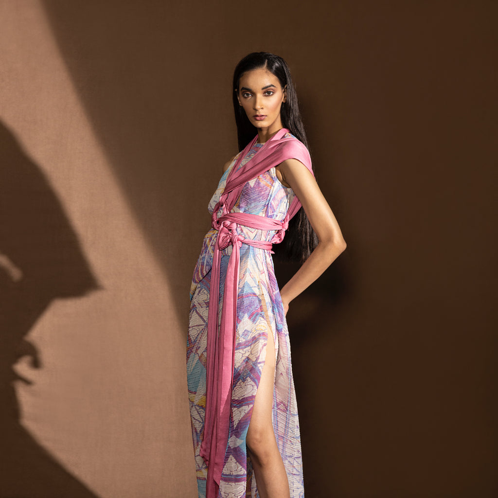 Round neck draped long dress – Abhishek Sharma